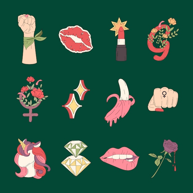 Vibrant Feminine Icons: A Diverse Collection of Illustrated Elements ...