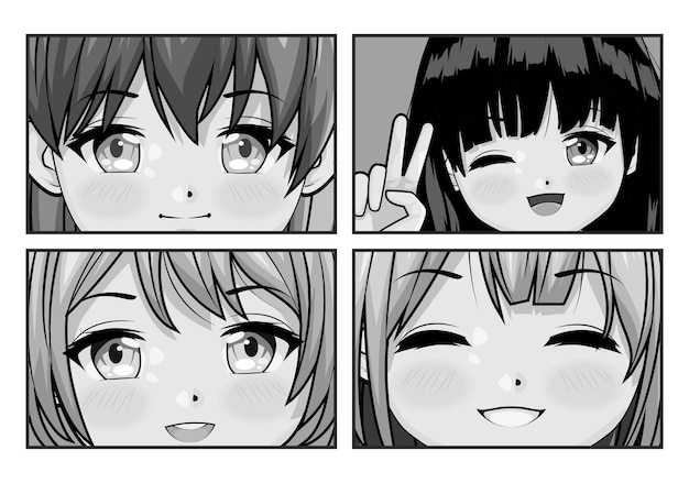 Expressive Anime Faces: Diverse Emotions in Monochrome | Jiffy Designs