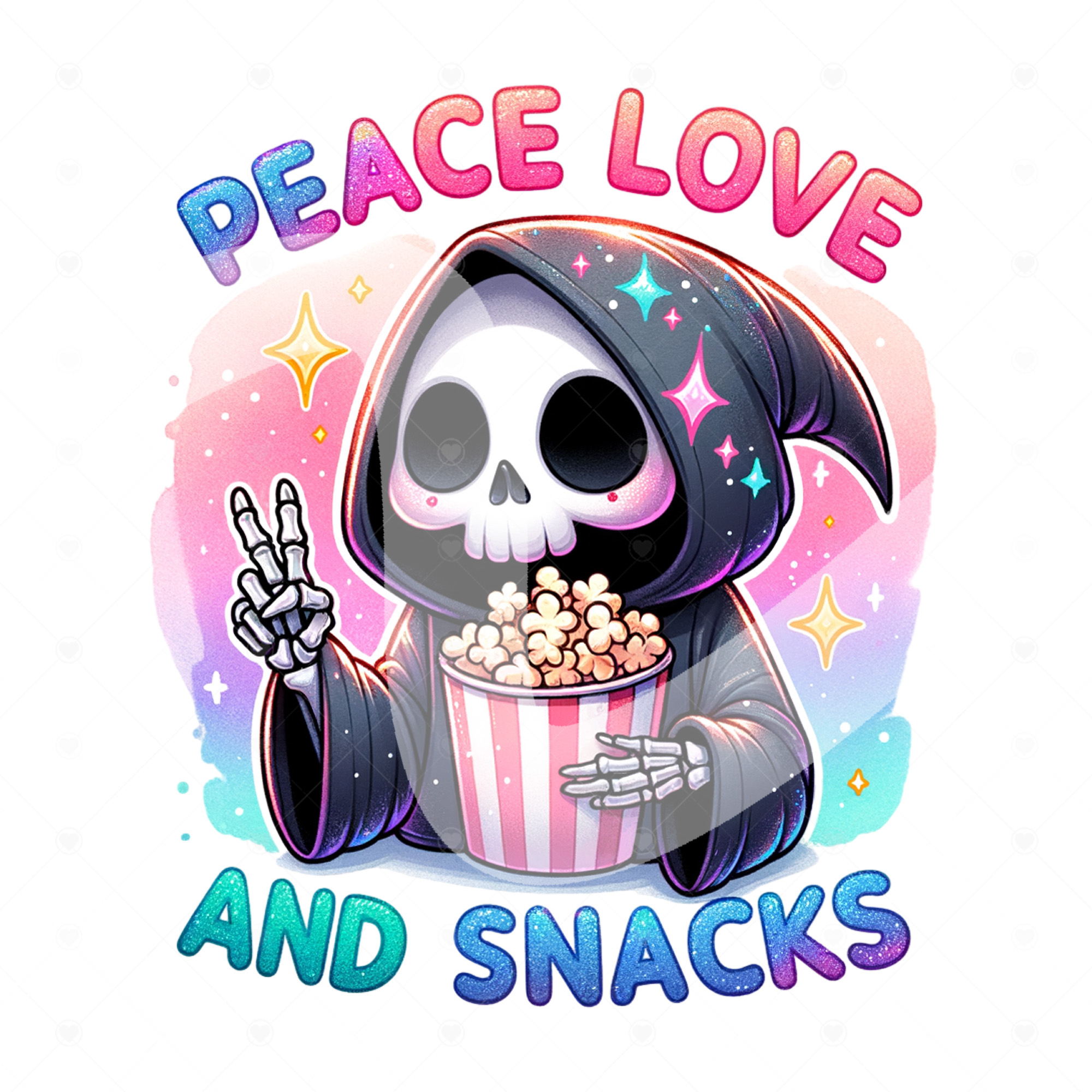 'Peace Love and Snacks' Adorable Grim Reaper with Popcorn and Peace ...