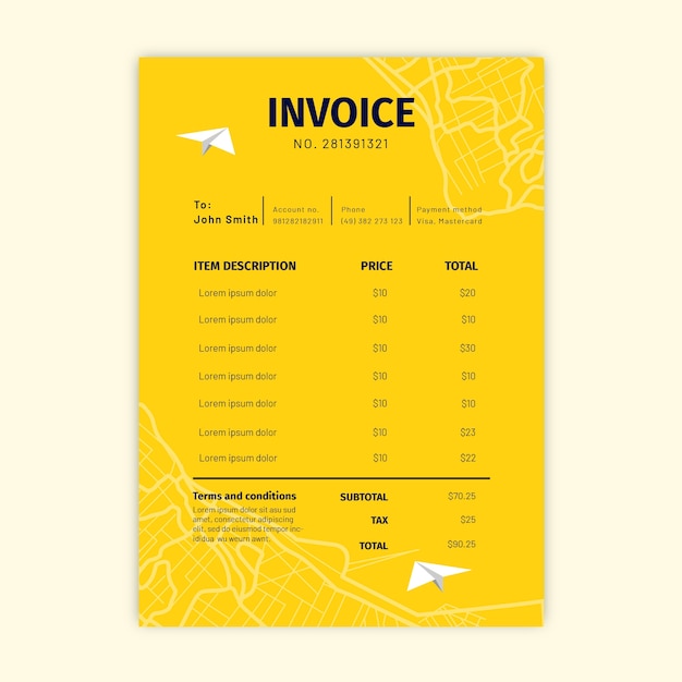 Vibrant Yellow Invoice Template with Paper Plane Design | Jiffy Designs