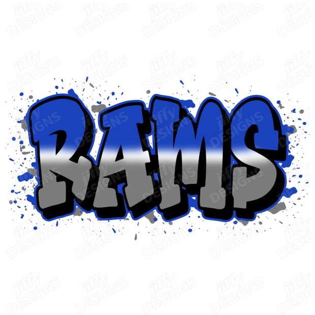 'Rams' Graffiti-Style Lettering with Dynamic Blue and White Splatter | Jiffy Designs