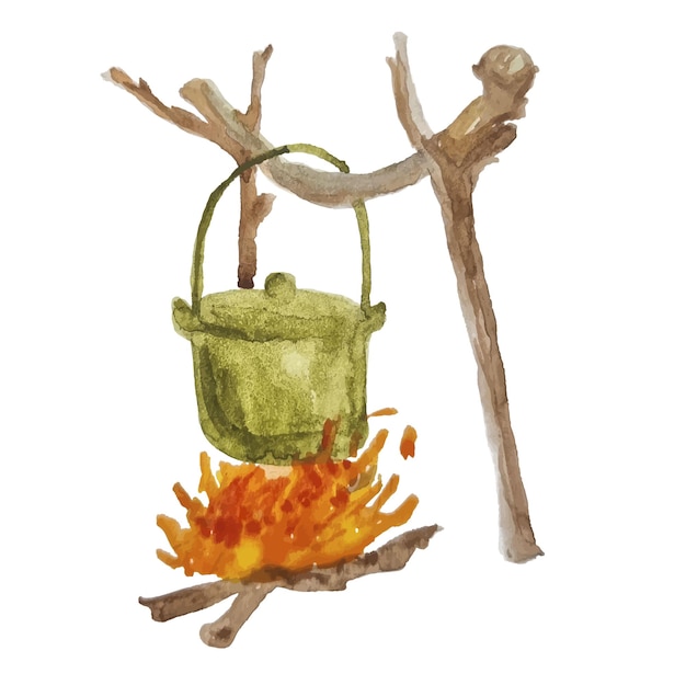 Rustic Campfire Scene with Cooking Pot and Utensils | Jiffy Designs