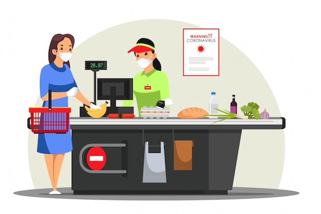 Vibrant Grocery Store Checkout Scene with Masked Cashier | Jiffy Designs