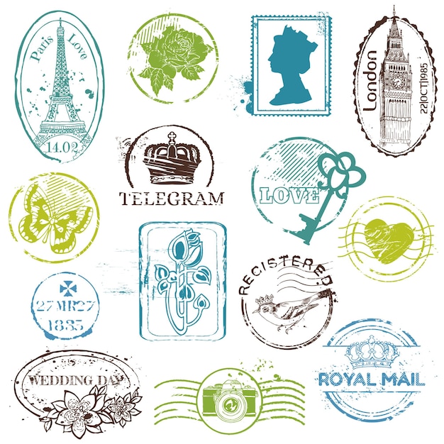 Diverse Vintage-Inspired Postal Stamps and Symbols Collection | Jiffy ...