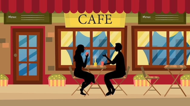 Lively Cafe Scene with Silhouetted Patrons Enjoying Conversation ...