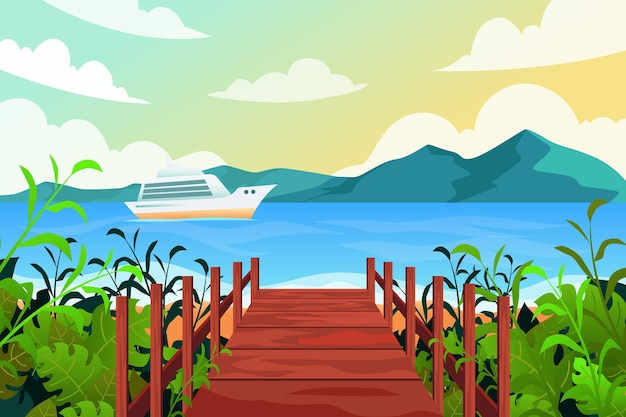 Serene Lakeside Dock with Lush Greenery and Mountainous Backdrop ...