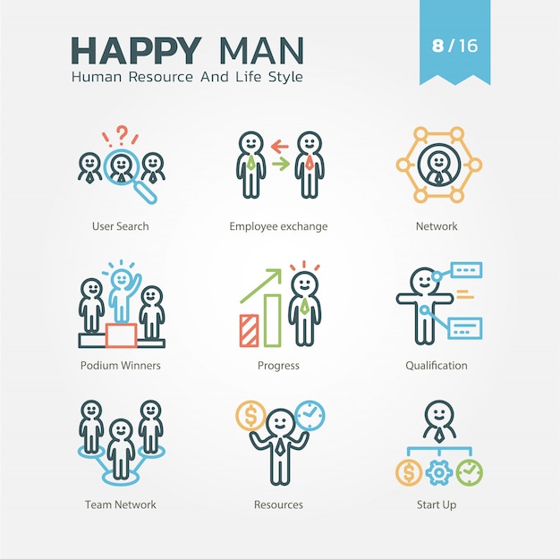 Diverse Collection of Happy Man Icons Depicting Human Interactions and ...