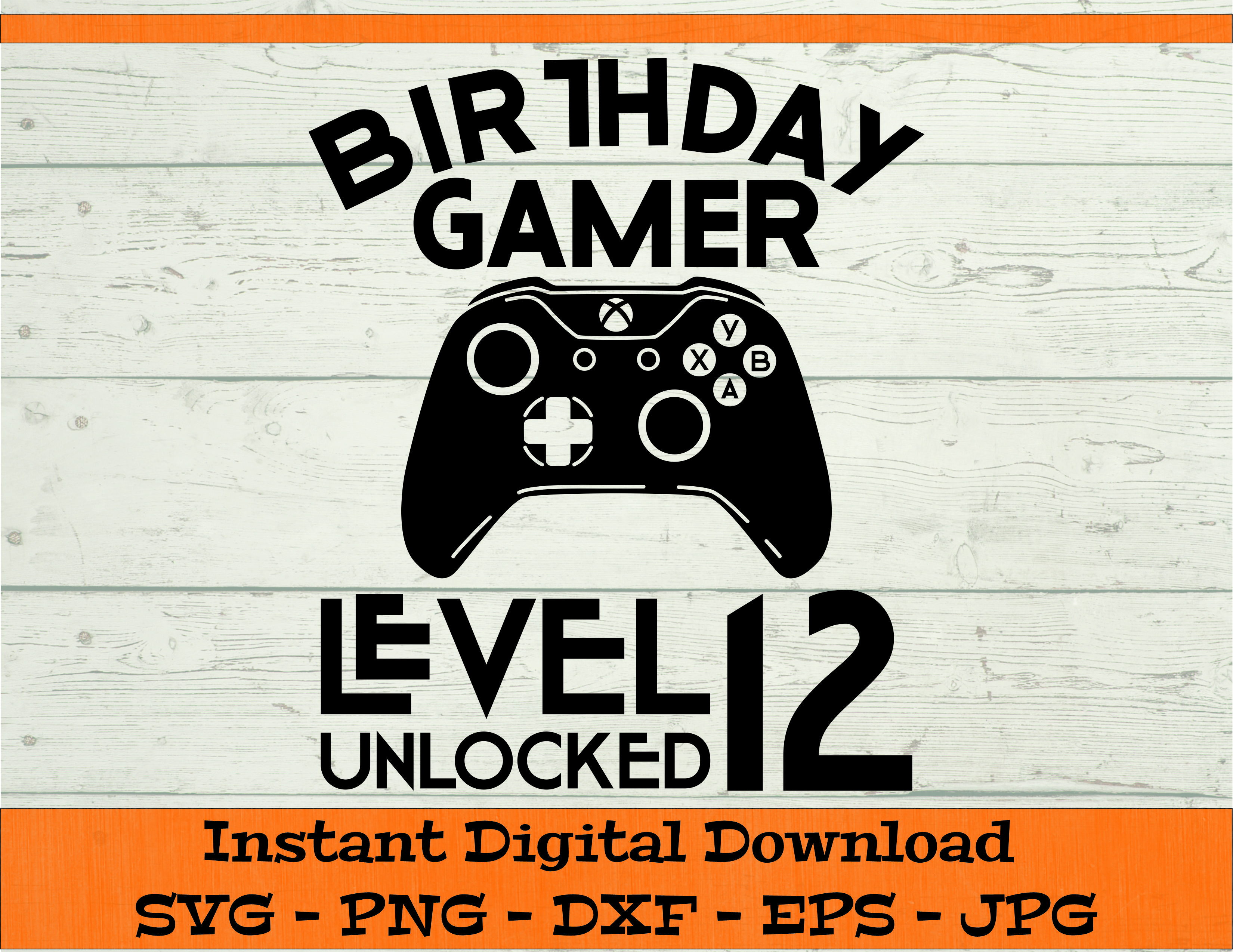 'Birthday Gamer Level 12 Unlocked' Bold Black Text with Game Controller ...