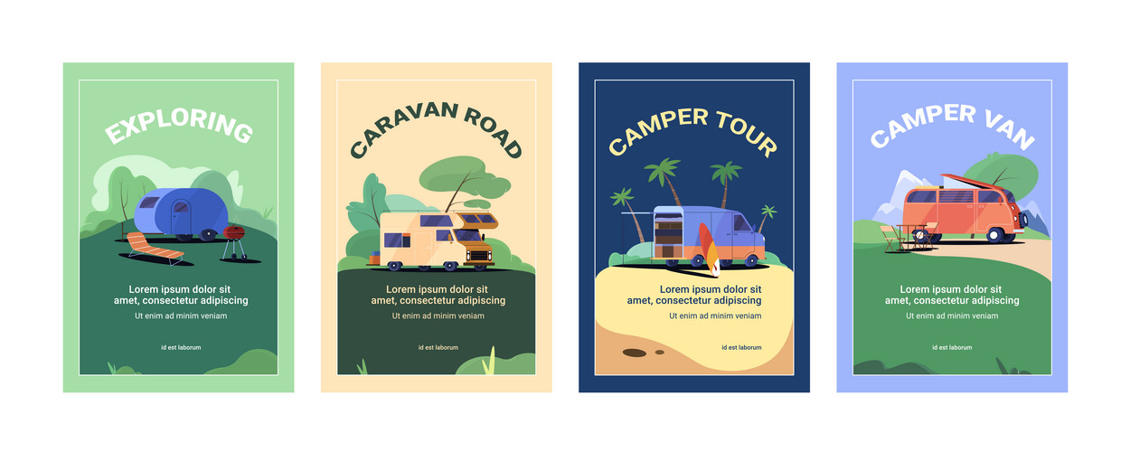 Set Of Camp Posters With Camper Van, Chair And Surfboard. Flyer With ...