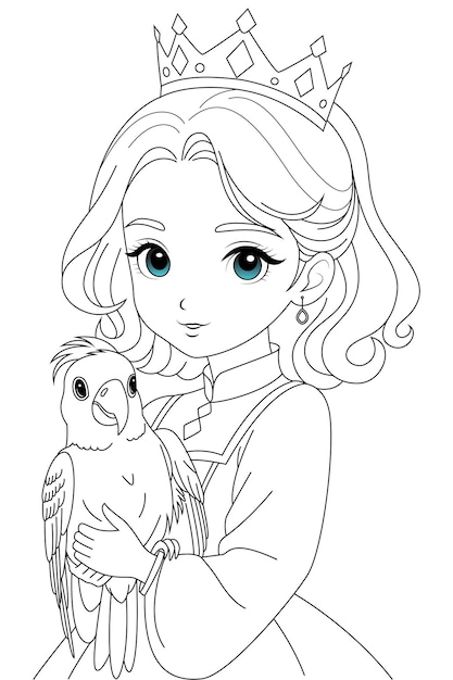 Princess with Crown Holding a Parrot Line Drawing | Jiffy Designs