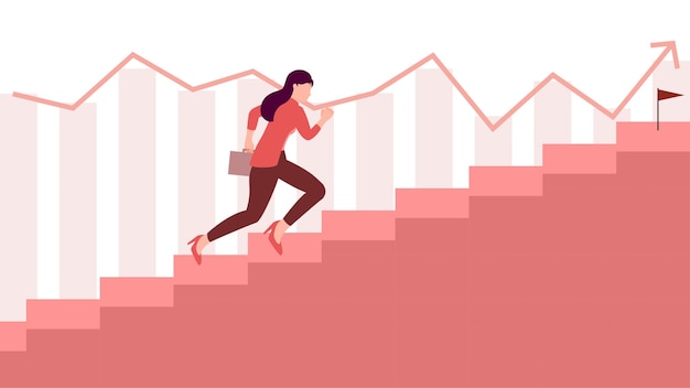 Determined Woman Climbing Stairs of Success on Upward Graph | Jiffy Designs