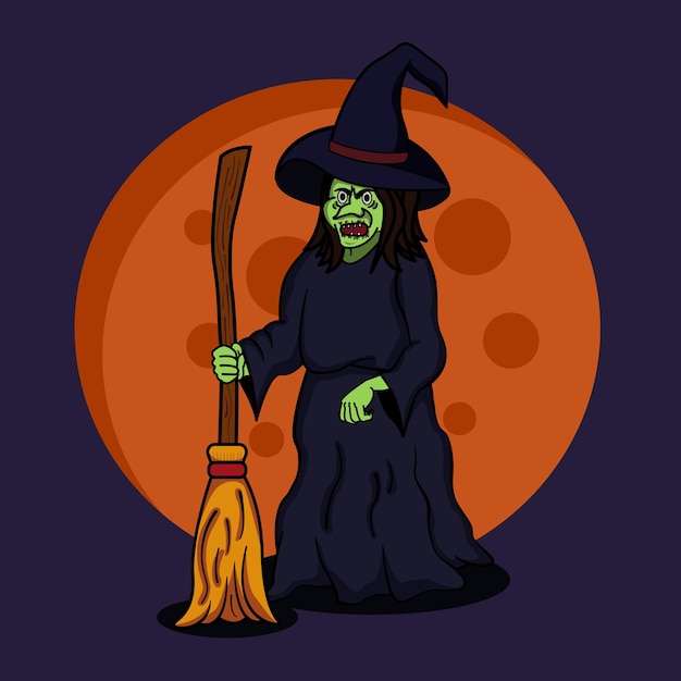 Wicked Witch Wielding Broom in Eerie Moonlight | Jiffy Designs
