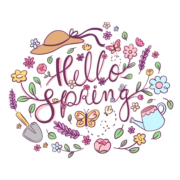 Vibrant Hello Spring Illustration with Floral and Nature Elements ...
