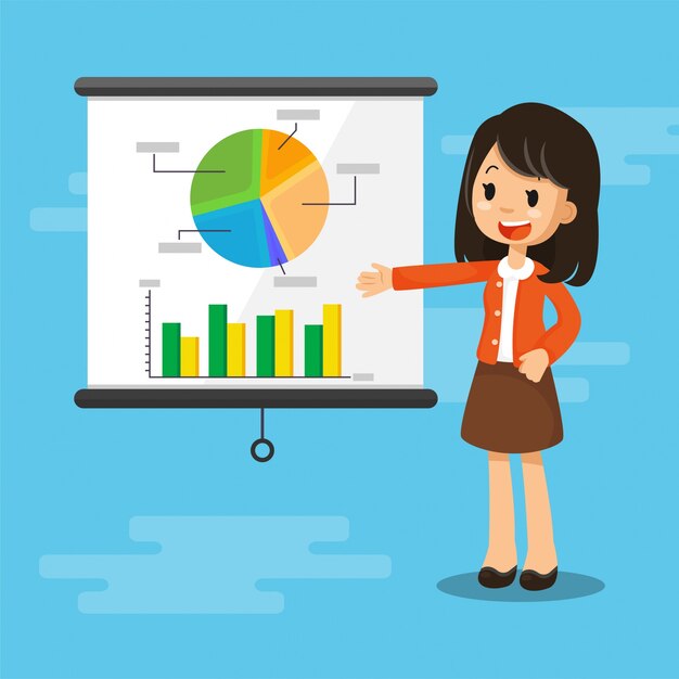 Cartoon Girl Presenting Colorful Charts and Graphs on Board | Jiffy Designs