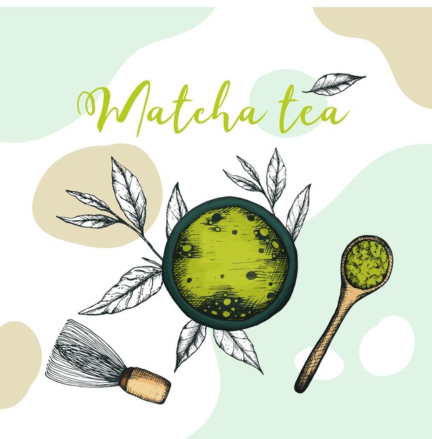 Elegant Matcha Tea Illustration with Leaves and Utensils | Jiffy Designs