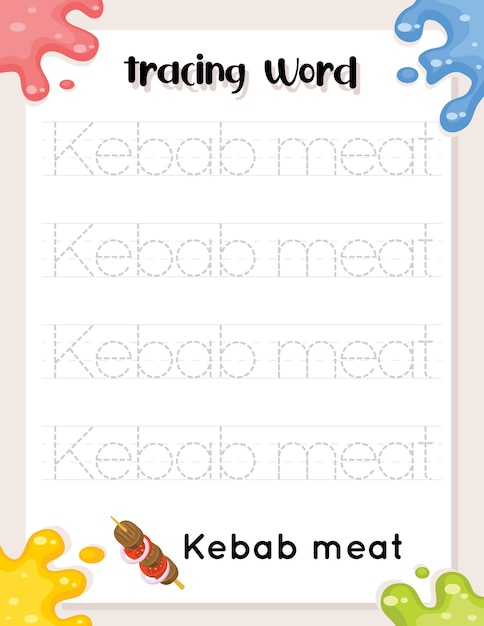 Colorful Tracing Worksheet for 'Kebab Meat' Word | Jiffy Designs