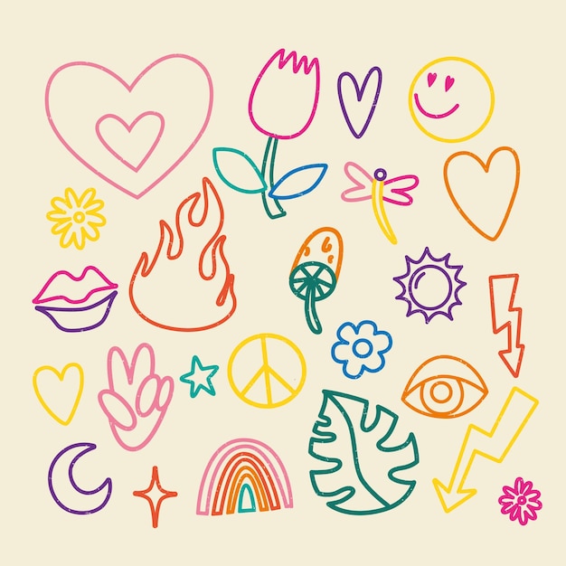Vibrant Collection of Whimsical Doodle Icons and Symbols | Jiffy Designs