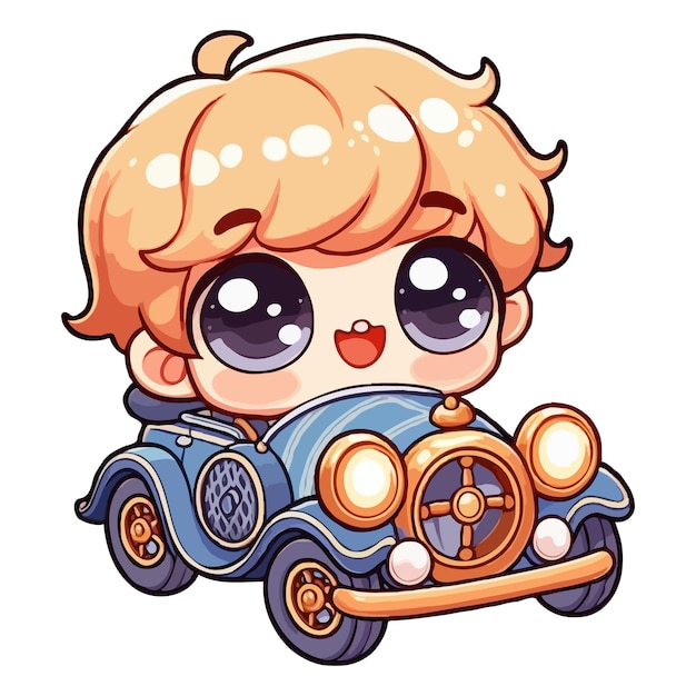 Adorable Chibi Boy Driving Vintage Toy Car with Lights | Jiffy Designs