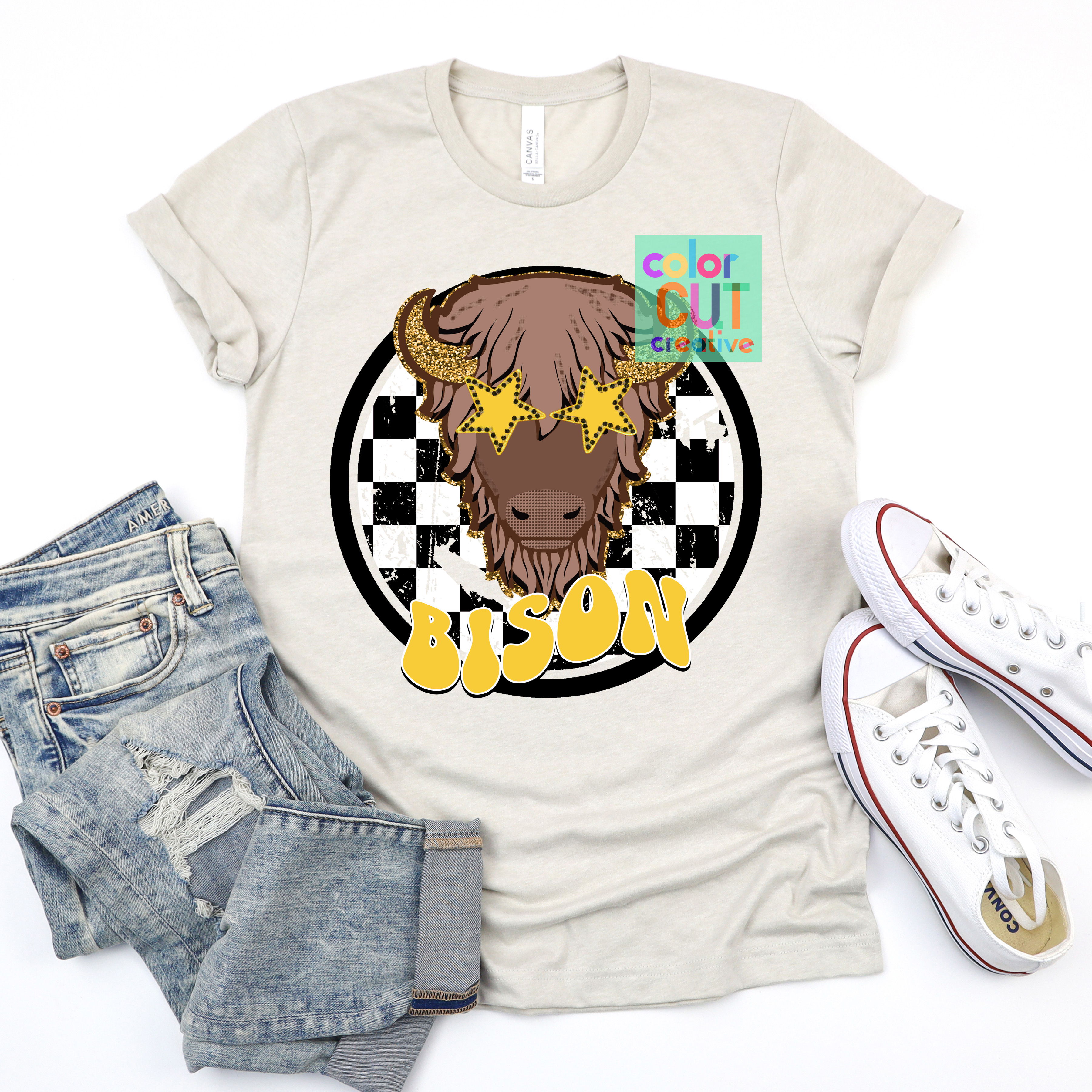 'Bison' Stylized Buffalo Head with Starry Crown on Checkered Background ...
