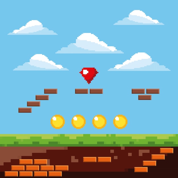 Retro Pixel Platformer Landscape with Coins and Obstacles | Jiffy Designs