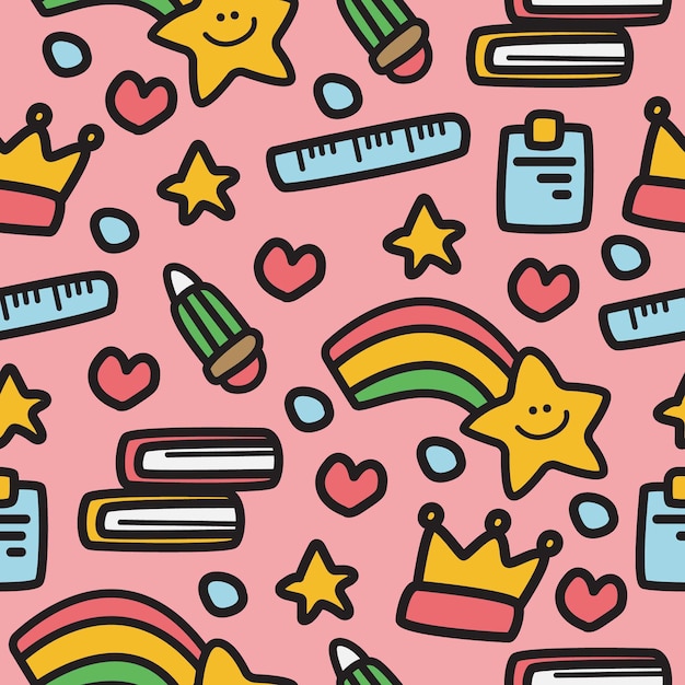 Whimsical School Supplies Pattern with Smiling Shapes | Jiffy Designs