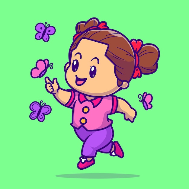 Cheerful Girl Chasing Butterflies in Vibrant Cartoon Illustration ...